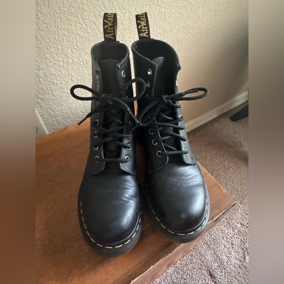 Dr. Martens | Shoes | Dr Martens Black Leather Boots With Yellow ...